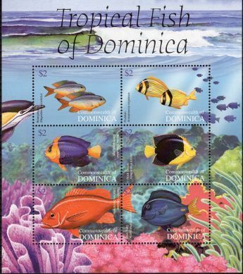 Tropical Fish of Dominica～観賞魚・熱帯性海水魚6種組の小型シート 【ドミニカ】: おさかなマガジン分館～切手資料館